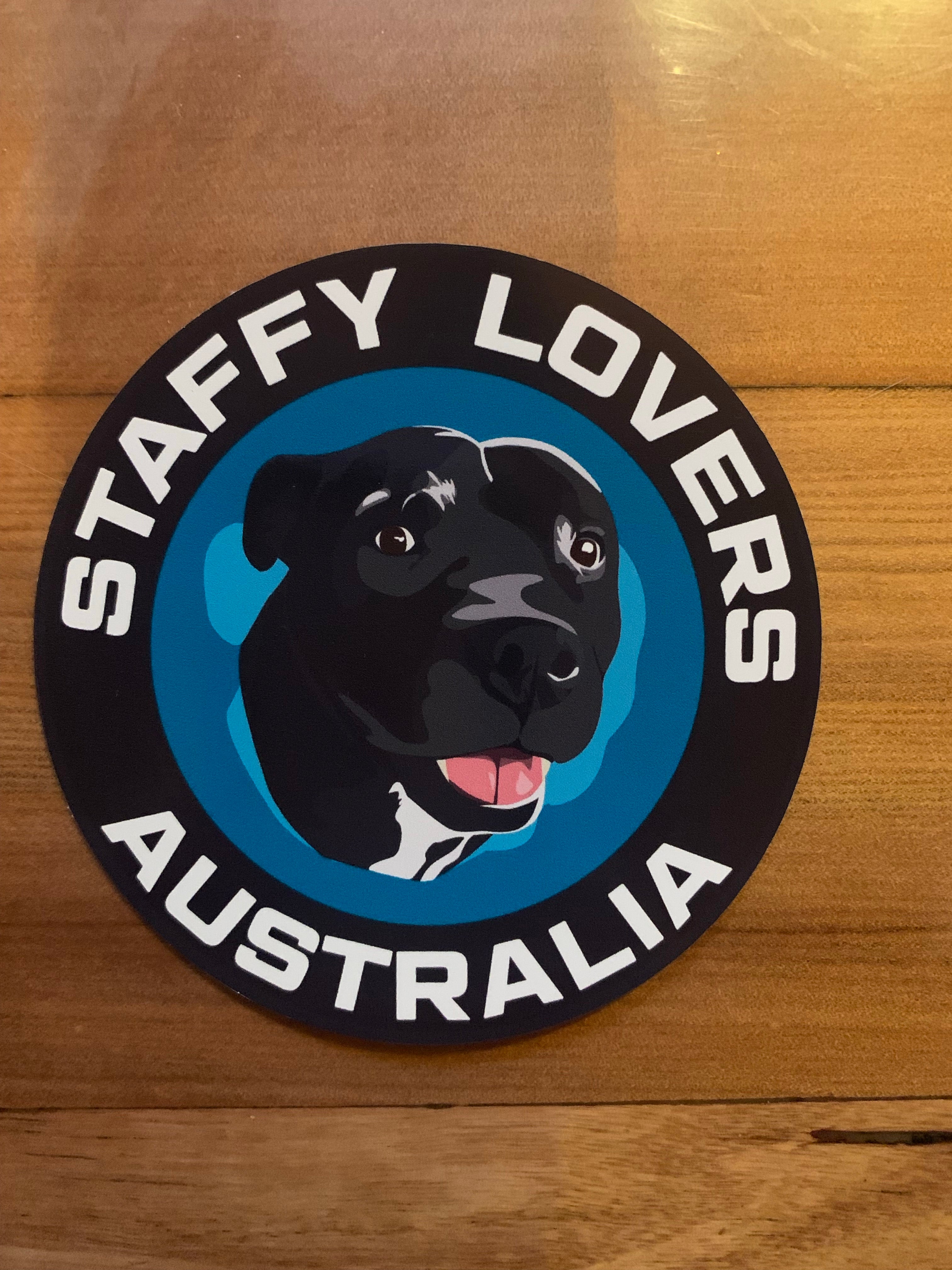 Staffy lovers Australia full colour logo vinyl sticker.